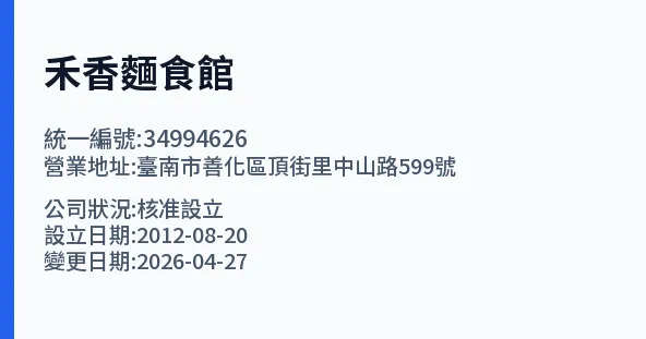 禾香麵食館的照片-統編 34994626(臺南市) 公司登記資料與營業項目詳細圖表