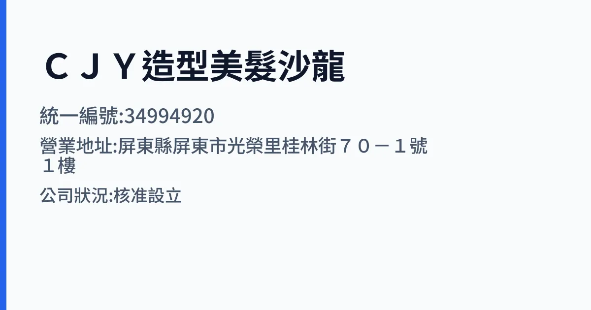 ＣＪＹ造型美髮沙龍 - 統編 34994920（屏東縣） 公司登記資料與營業項目詳細圖表
