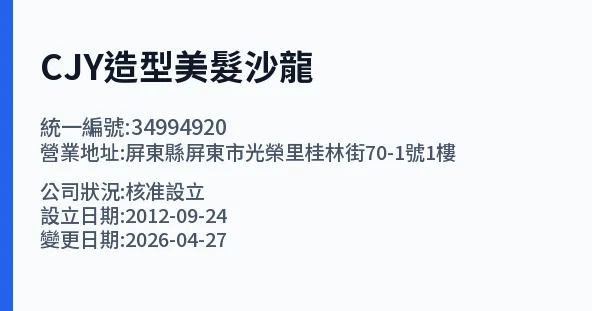 CJY造型美髮沙龍的照片-統編 34994920(屏東縣) 公司登記資料與營業項目詳細圖表