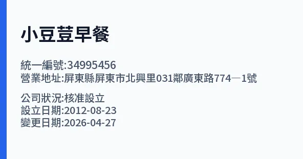 小豆荳早餐的照片-統編 34995456(屏東縣) 公司登記資料與營業項目詳細圖表