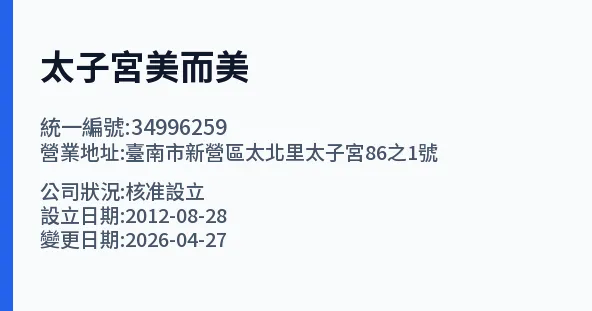 太子宮美而美的照片-統編 34996259(臺南市) 公司登記資料與營業項目詳細圖表