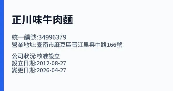 正川味牛肉麵的照片-統編 34996379(臺南市) 公司登記資料與營業項目詳細圖表