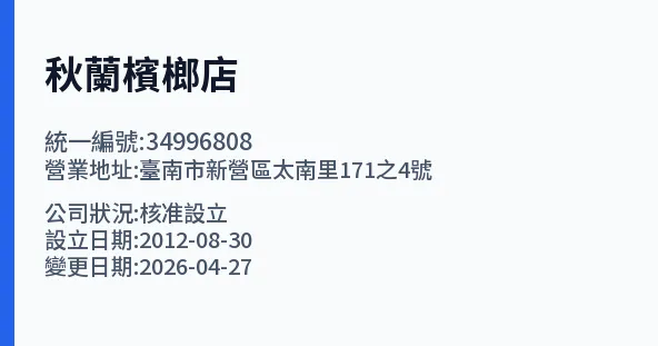 秋蘭檳榔店的照片-統編 34996808(臺南市) 公司登記資料與營業項目詳細圖表
