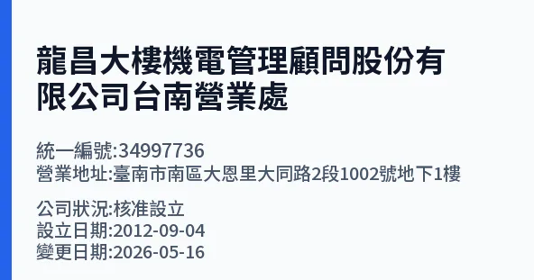 龍昌大樓機電管理顧問股份有限公司台南營業處的照片-統編 34997736(臺南市) 公司登記資料與營業項目詳細圖表