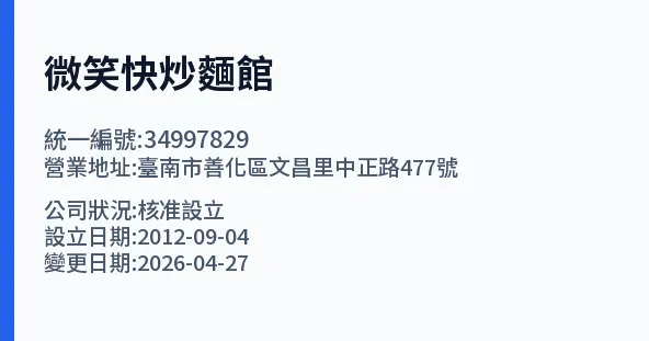 微笑快炒麵館的照片-統編 34997829(臺南市) 公司登記資料與營業項目詳細圖表