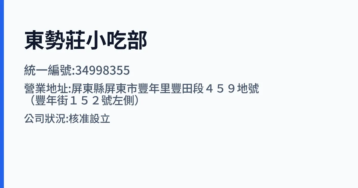東勢莊小吃部 - 統編 34998355(屏東縣) 公司登記資料與營業項目詳細圖表