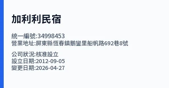 加利利民宿的照片-統編 34998453(屏東縣) 公司登記資料與營業項目詳細圖表