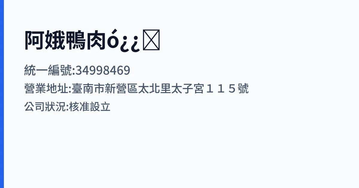 阿娥鴨肉 - 統編 34998469(臺南市) 公司登記資料與營業項目詳細圖表