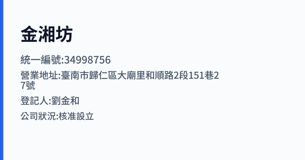 金湘坊 - 統編 34998756(臺南市) 公司登記資料與營業項目詳細圖表