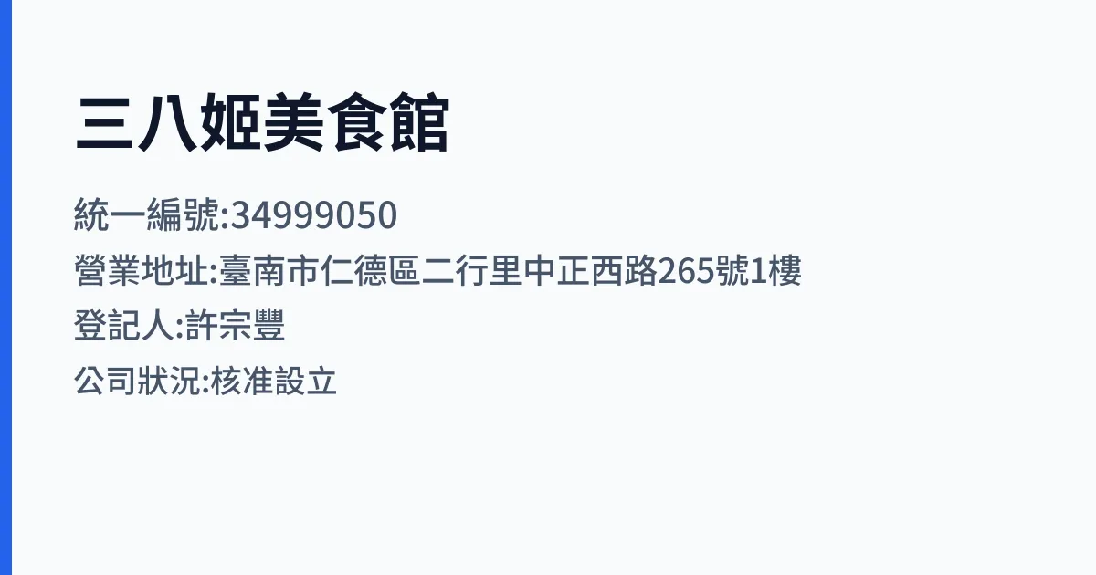 三八姬美食館 - 統編 34999050（臺南市） 公司登記資料與營業項目詳細圖表