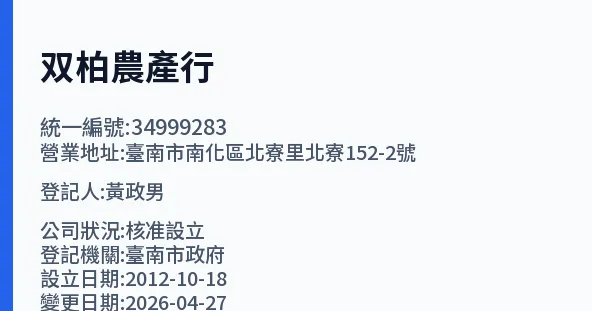 双柏農產行的照片-統編 34999283(臺南市) 公司登記資料與營業項目詳細圖表
