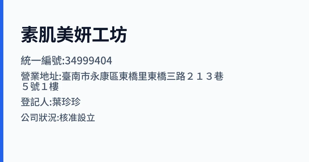 素肌美妍工坊 - 統編 34999404(臺南市) 公司登記資料與營業項目詳細圖表