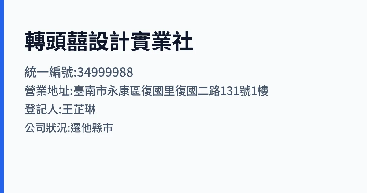 轉頭囍設計實業社 - 統編 34999988(桃園市) 公司登記資料與營業項目詳細圖表