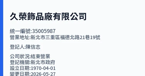 久榮飾品廠有限公司的照片-統編 35005987(新北市) 公司登記資料與營業項目詳細圖表