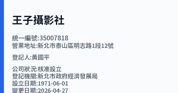 王子攝影社的照片-統編 35007818(新北市) 公司登記資料與營業項目詳細圖表