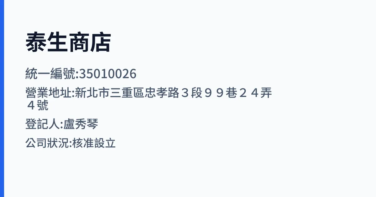 泰生商店 - 統編 35010026(新北市) 公司登記資料與營業項目詳細圖表