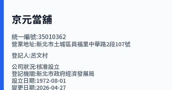京元當舖的照片-統編 35010362(新北市) 公司登記資料與營業項目詳細圖表
