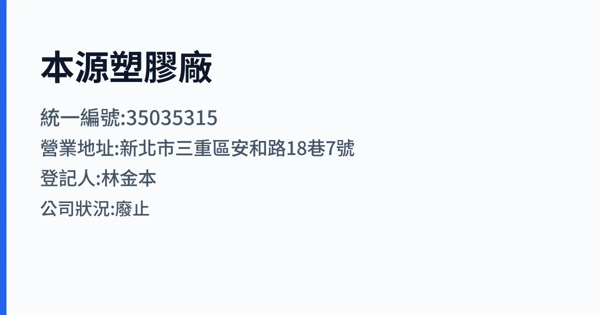本源塑膠廠 - 統編 35035315(新北市) 公司登記資料與營業項目詳細圖表