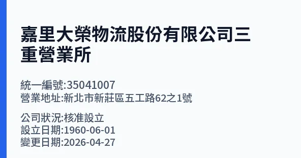 嘉里大榮物流股份有限公司三重營業所的照片-統編 35041007(新北市) 公司登記資料與營業項目詳細圖表