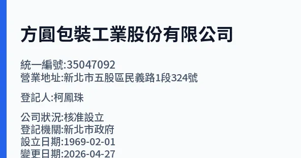 方圓包裝工業股份有限公司的照片-統編 35047092(新北市) 公司登記資料與營業項目詳細圖表