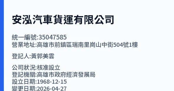 安泓汽車貨運有限公司的照片-統編 35047585(高雄市) 公司登記資料與營業項目詳細圖表