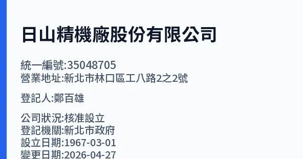 日山精機廠股份有限公司的照片-統編 35048705(新北市) 公司登記資料與營業項目詳細圖表