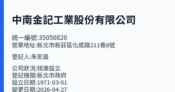 中南金記工業股份有限公司的照片-統編 35050820(新北市) 公司登記資料與營業項目詳細圖表