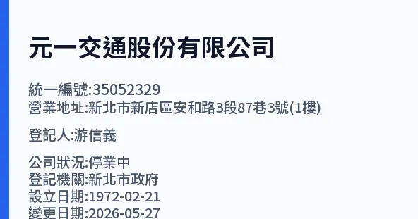 元一交通股份有限公司的照片-統編 35052329(新北市) 公司登記資料與營業項目詳細圖表
