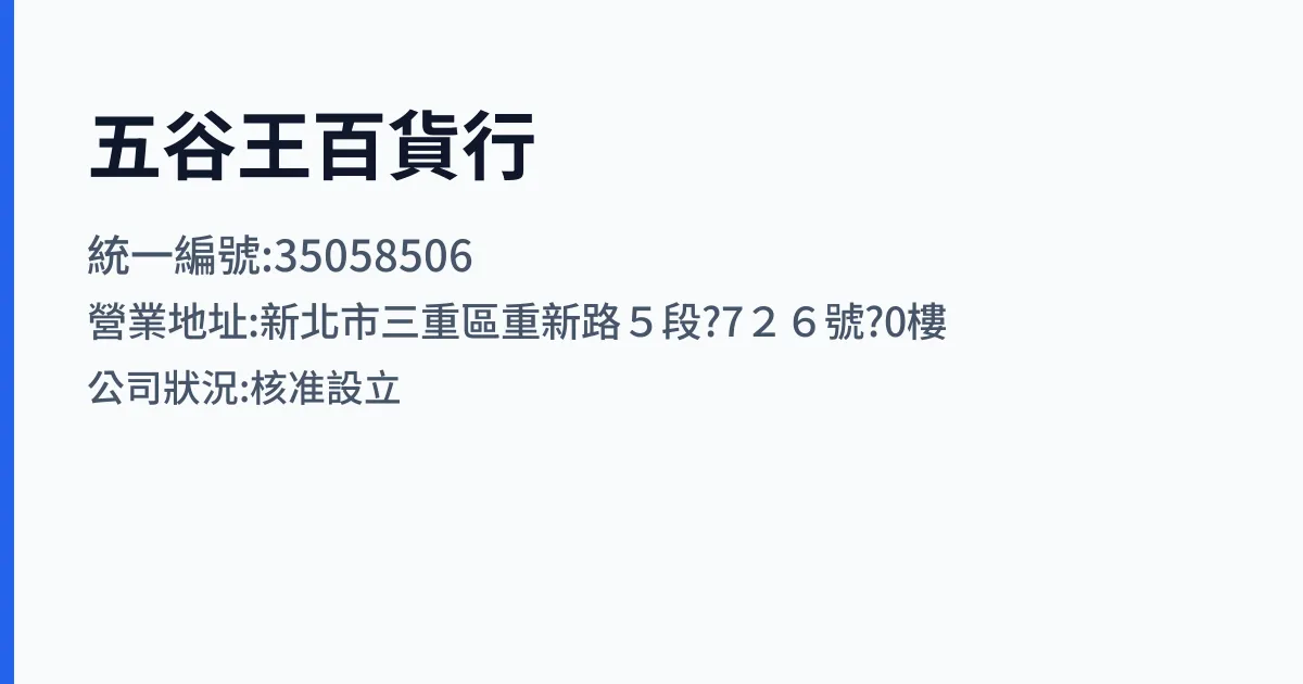 五谷王百貨行 - 統編 35058506(新北市) 公司登記資料與營業項目詳細圖表