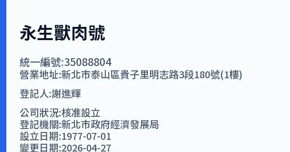 永生獸肉號的照片-統編 35088804(新北市) 公司登記資料與營業項目詳細圖表