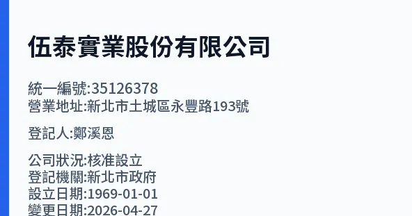 伍泰實業股份有限公司的照片-統編 35126378(新北市) 公司登記資料與營業項目詳細圖表
