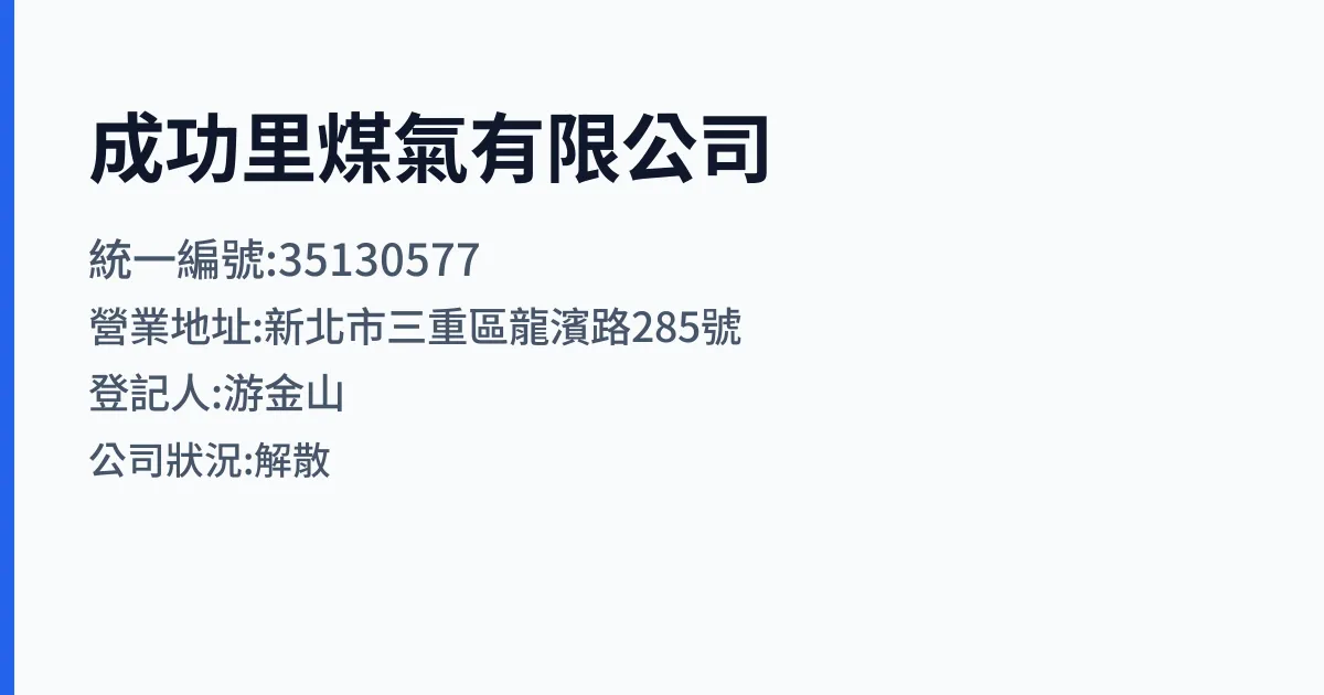 成功里煤氣有限公司 - 統編 35130577(新北市) 公司登記資料與營業項目詳細圖表