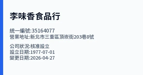 李味香食品行的照片-統編 35164077(新北市) 公司登記資料與營業項目詳細圖表