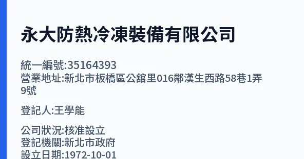 永大防熱冷凍裝備有限公司的照片-統編 35164393(新北市) 公司登記資料與營業項目詳細圖表
