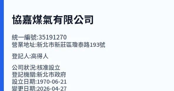 協嘉煤氣有限公司的照片-統編 35191270(新北市) 公司登記資料與營業項目詳細圖表