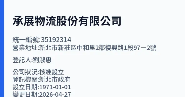 承展物流股份有限公司的照片-統編 35192314(新北市) 公司登記資料與營業項目詳細圖表