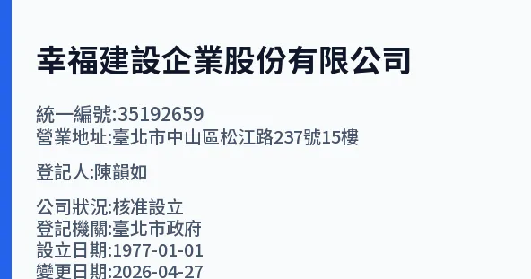 幸福建設企業股份有限公司的照片-統編 35192659(臺北市) 公司登記資料與營業項目詳細圖表