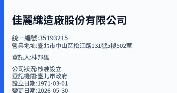 佳麗織造廠股份有限公司的照片-統編 35193215(臺北市) 公司登記資料與營業項目詳細圖表