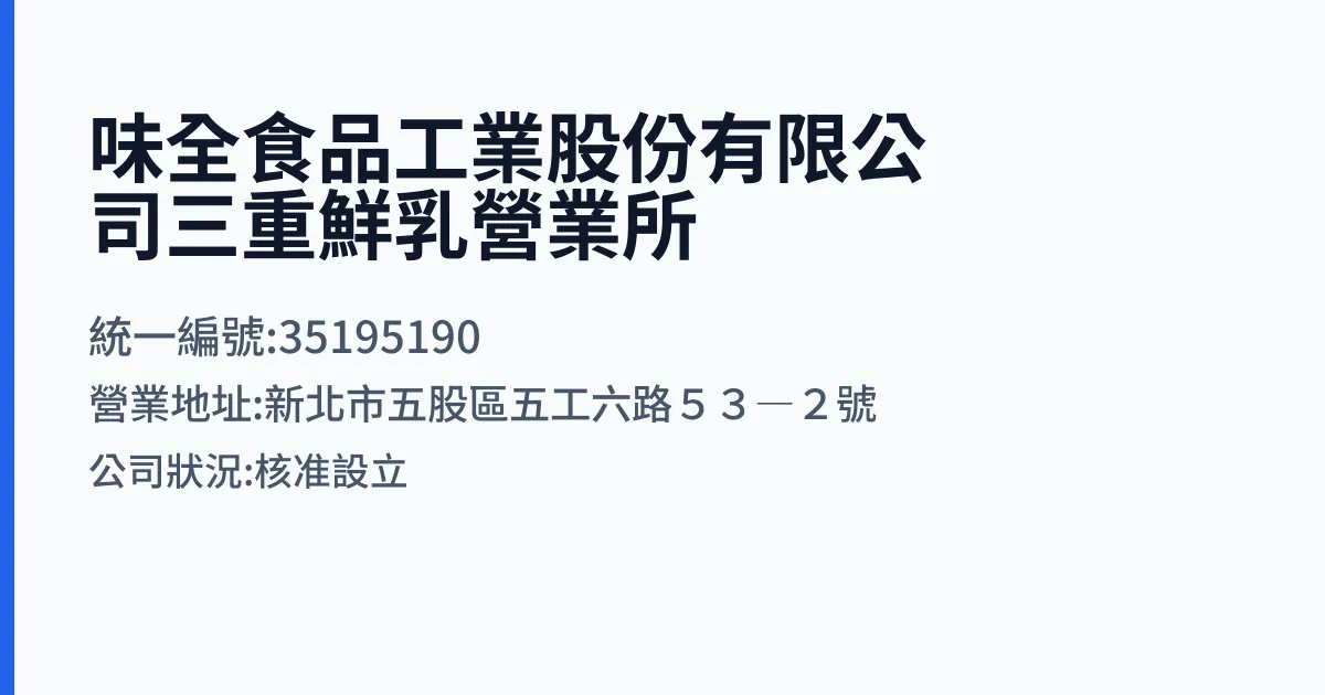味全食品工業股份有限公司三重鮮乳營業所 - 統編 35195190(新北市) 公司登記資料與營業項目詳細圖表