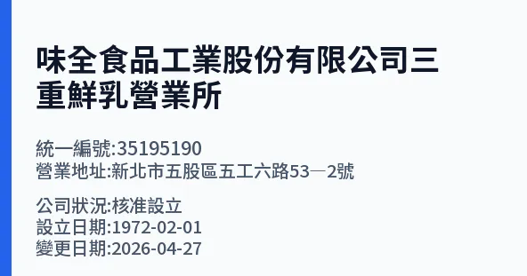 味全食品工業股份有限公司三重鮮乳營業所的照片-統編 35195190(新北市) 公司登記資料與營業項目詳細圖表