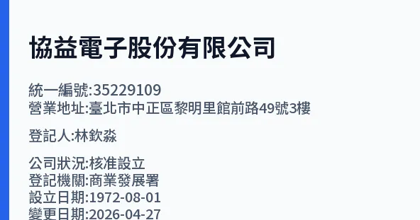 協益電子股份有限公司的照片-統編 35229109(臺北市) 公司登記資料與營業項目詳細圖表