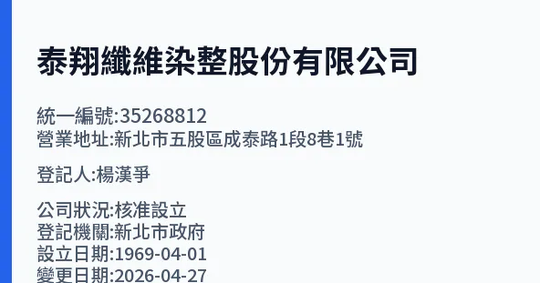 泰翔纖維染整股份有限公司的照片-統編 35268812(新北市) 公司登記資料與營業項目詳細圖表