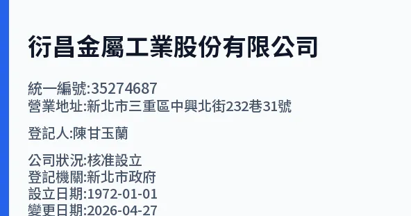 衍昌金屬工業股份有限公司的照片-統編 35274687(新北市) 公司登記資料與營業項目詳細圖表