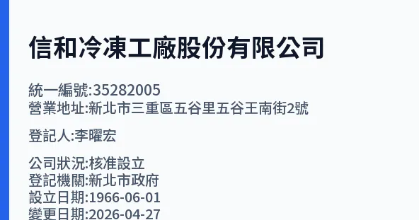信和冷凍工廠股份有限公司的照片-統編 35282005(新北市) 公司登記資料與營業項目詳細圖表