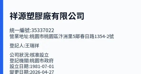 祥源塑膠廠有限公司的照片-統編 35337022(桃園市) 公司登記資料與營業項目詳細圖表
