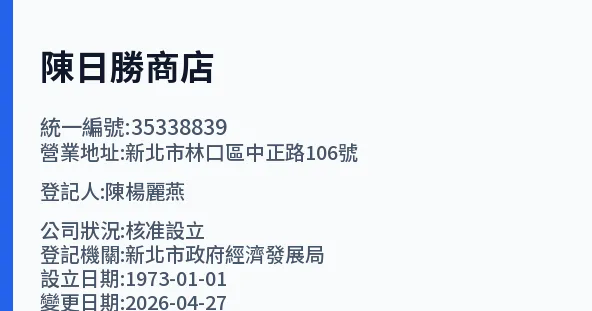 陳日勝商店的照片-統編 35338839(新北市) 公司登記資料與營業項目詳細圖表