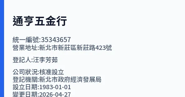 通亨五金行的照片-統編 35343657(新北市) 公司登記資料與營業項目詳細圖表