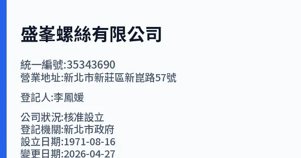 盛峯螺絲有限公司的照片-統編 35343690(新北市) 公司登記資料與營業項目詳細圖表