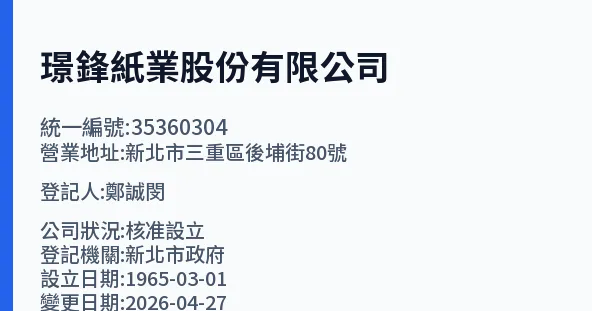 璟鋒紙業股份有限公司的照片-統編 35360304(新北市) 公司登記資料與營業項目詳細圖表