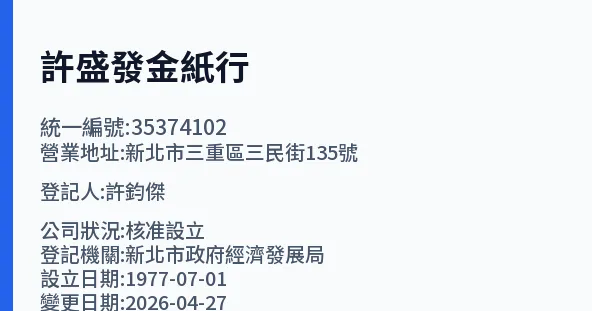 許盛發金紙行的照片-統編 35374102(新北市) 公司登記資料與營業項目詳細圖表